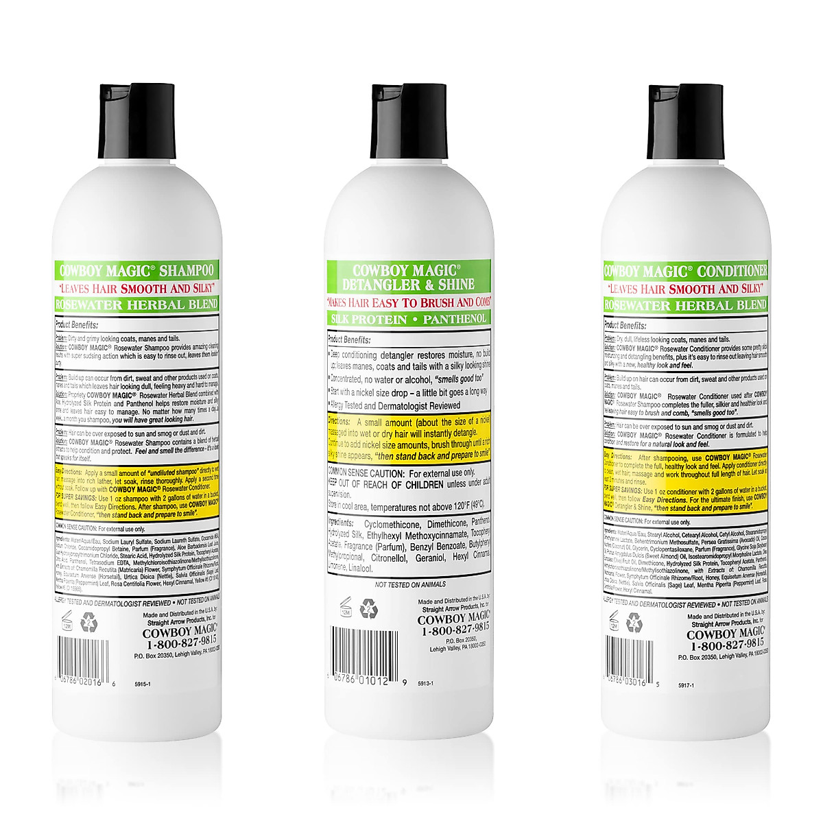 Cowboy Magic Shampoo + Conditioner + Detangler & Shine 16 Ounce each With Silk Panthenol and Honey Great For Horse, Humans, And Dogs Too Silky Coats And Hair