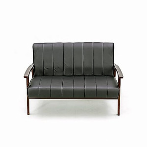 Panana Mid Century Modern Loveseat Sofa with Wooden Arms Leather Office Couch 2-Seat Wood Love Seat Lounge Armchair Living Room Bedroom, Black Faux Leather