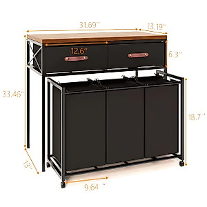 CJWD Rolling Laundry Basket Organizer on Wheels, Laundry Sorter Hamper 3 Section with Wheels Shelf and 2 Drawers, Rustic Brown and Black