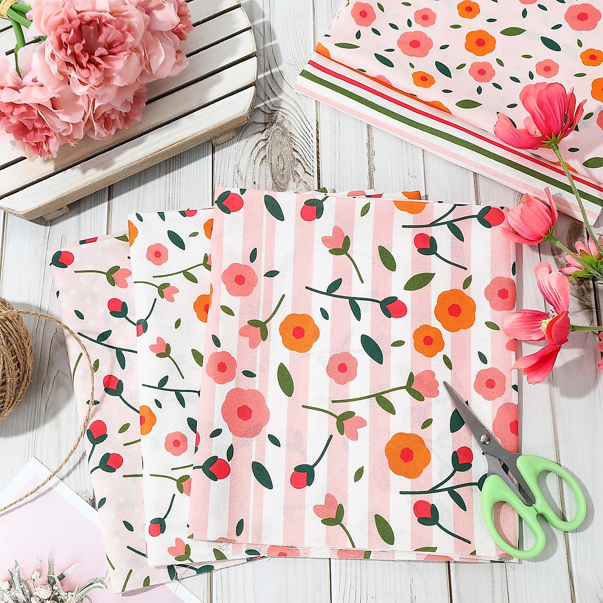 JarThenaAMCS 12Pcs Cotton Fabric Bundles Pink Green Floral Gingham Stripe Dot Fat Quarters Retro Quilting Patchwork for Spring DIY Craft Home Party Decor, 18 x 22 Inch