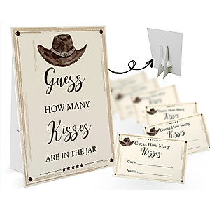 Guess How Many Kisses Are in the Jar Game-1 Standing Sign and 50 Guessing Cards, Cowboy Bridal Shower Games, Baby Shower Sign, for Boys Girls Baby Shower Favors and Weddings Party Decoration-08