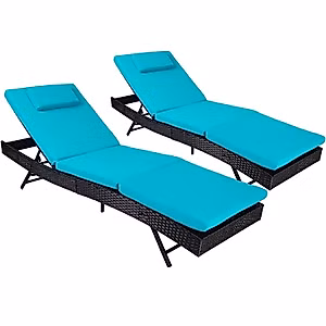 SUNCROWN 2-Piece Outdoor Chaise Lounge Patio Lounge Chair Sets - Black Wicker Adjustable Back Reclining Chair with Cushion for Poolside, Garden, Backyard - Blue