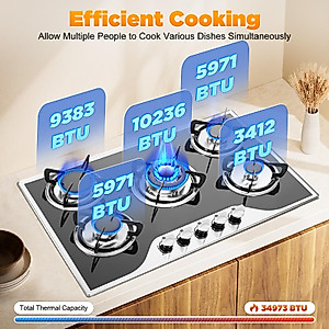5 Burner Gas Stove Cooktop, 30 Inch Built-in Gas Hob for LPG/NG Dual Fuel Convertible, Flame-out Protection, Tempered Glass Surface, Easy to Clean - Ideal for Home Kitchen Restaurant
