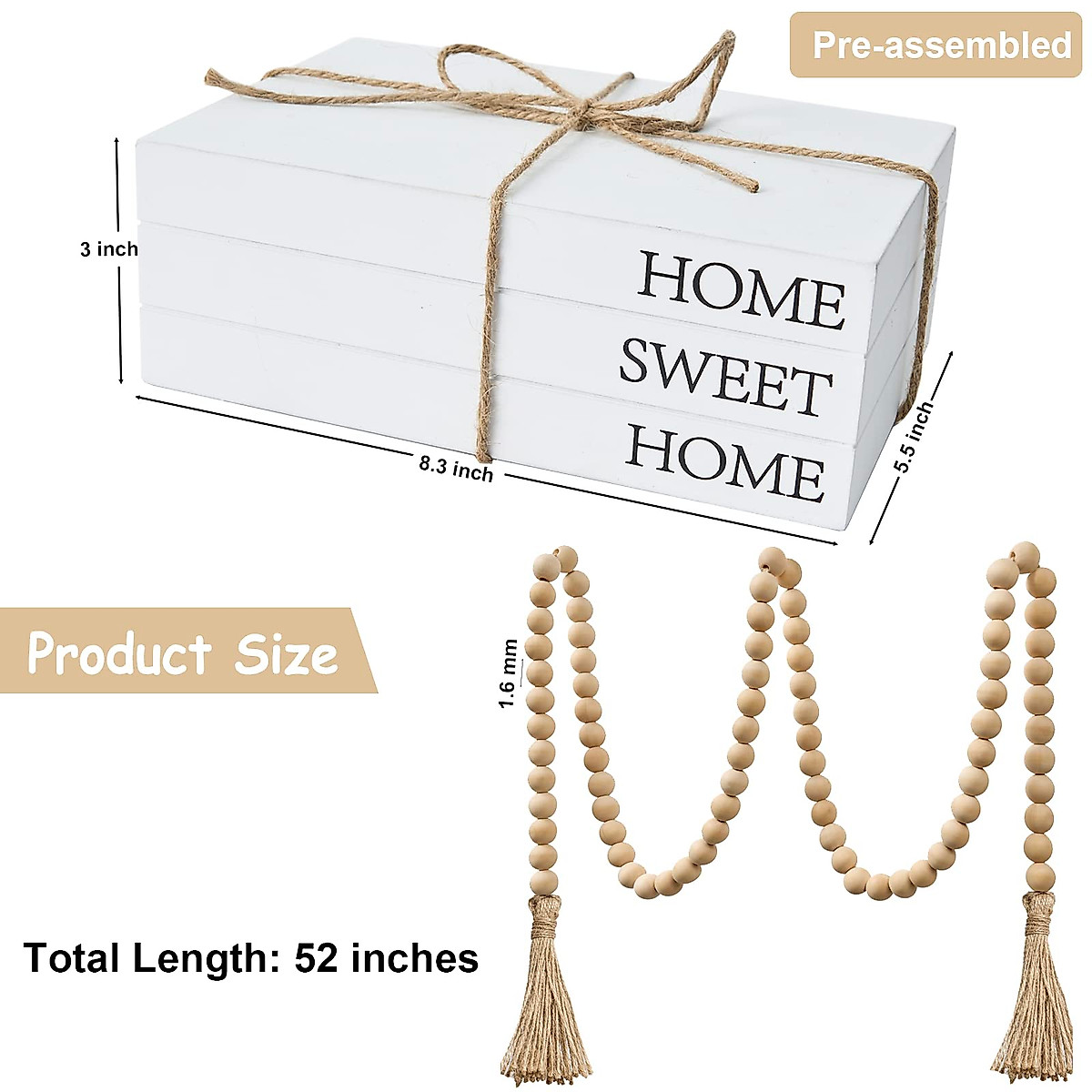 Decorative Books for Home Decor, White Faux Books for Decoration, Rustic Farmhouse Stacked Display Books with 52in Wood Bead Garland for Coffee Tables Living Room, (HOME SWEET HOME)