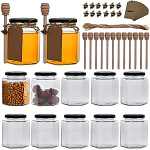 Woaiwo-q 16 oz Hexagon Glass Honey Jars, 12 Pack Hexagon Glass Jars with Black Lids,Wooden Honey Sticks,Bronzy Bee Pendants,Big Tags,15m Jute Twine for Party Favors-Mason Jars for Foods,Jams……
