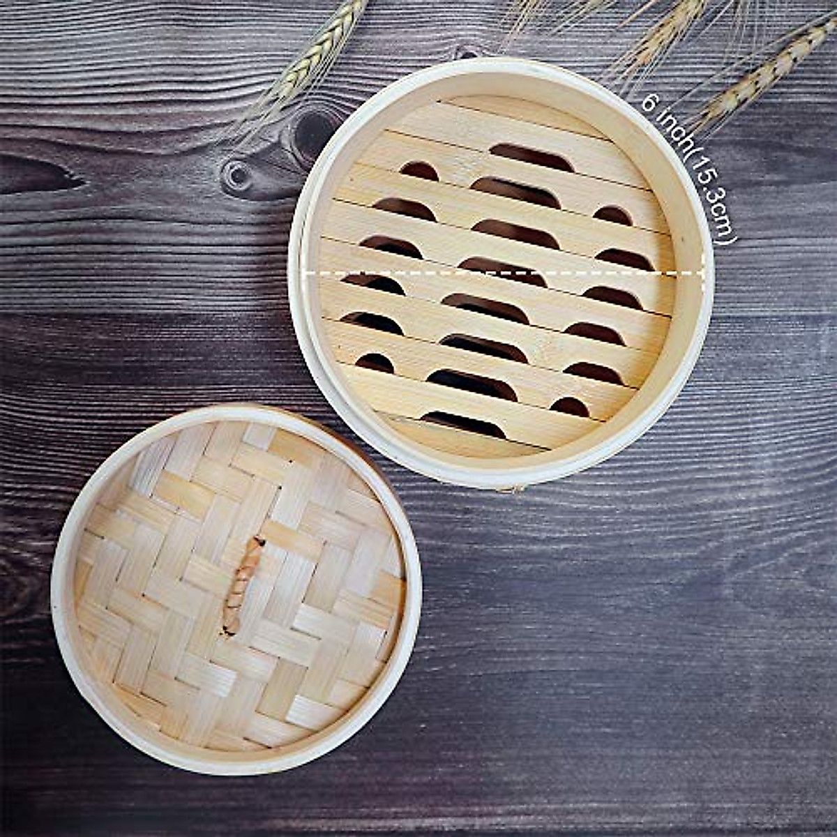 Yuho Asian Kitchen 6 Inch Bamboo Steamer Basket, Individually Box, 2 Tiers & Lid, 10 Parchment Liners, Perfect For Steaming Dumplings, Vegetables, Meat, Fish, Rice (Holiday Gifts)