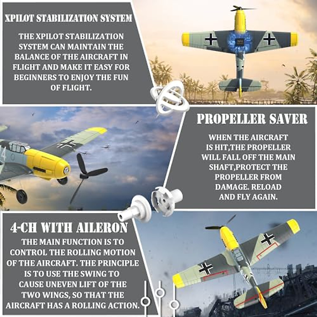 28°C RC Plane 4 Channel Remote Control Airplanes, 4-CH RC Airplane Ready to Fly BF-109 Radio Controlled Aircraft for Beginners with Xpilot Stabilization System, One Key Aerobatic Airplane(76111 RTF)