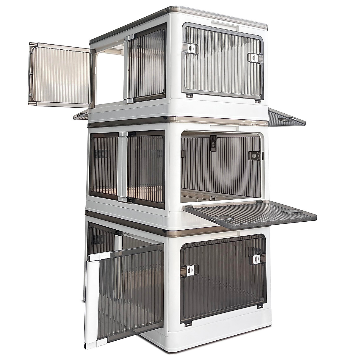 RETRONLY Stackable Storage Bins with Doors - 3 Tier 80Qt Each Plastic Collapsible Storage Bins with Wheels, Foldable Storage Cabinet for Closet Organizers(60 Gal/240 Qt)