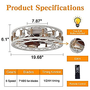 BUXVRCS 19.68'' Flush Mount Caged Ceiling Fan with Lights, Farmhouse Rustic Low Profile Ceiling Fans, 4-Light Vintage Enclosed Ceiling Fan Lighting Fixture Remote Control (Including 5 Bulbs) (White)