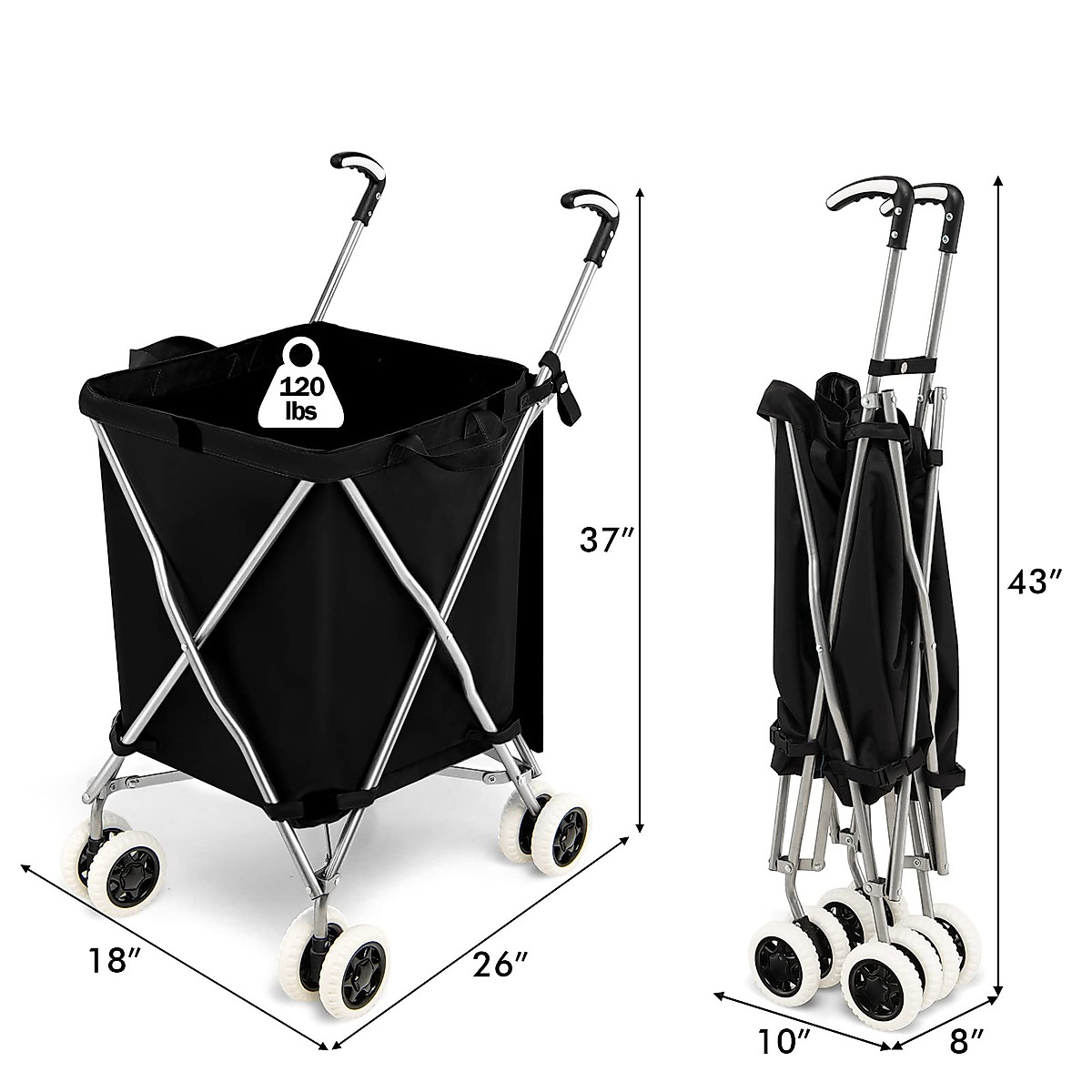 Safstar Folding Shopping Cart, Lightweight Grocery Cart with Dual Wheels & Removable Bag, Portable Utility Cart for for Market Shopping, Laundry Grocery, Picnic, Holds up to 24 Gal/120 LBS (Black)