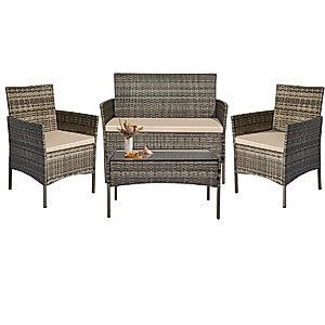 ECOLINEAR 4 Pieces Patio Furniture Set, Outdoor Conversation Sets, Wicker Rattan Chairs for Garden Backyard Balcony Porch Poolside, Patio Bistro Set with Glass Table and Soft Cushions (Brown)