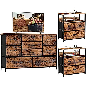 Furnulem Wide Dresser with 9 Large Drawers for 55'' Long TV Stand and 2 Nightstands with 3 Drawers, Small Dresser with Storage Shelf
