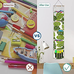 YOCOMEY 3Pcs Wall Closet Hanging Storage Bag with 5 Pockets, Waterproof Linen Fabric Over The Door Organizer, Multifucional Stylish Hanging Storage Pouches for Bedroom Bathroom (House/Leaf)