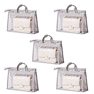 5 Pack Clear Tote Bag, Handbag Organizer PVC Transparent Anti-dust Cover Bag for Hanging Closet with Zipper and Handle Space-Saving Storage Bag (Color : Gray, Size : XXL)