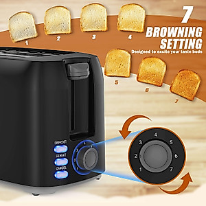 2 Slice Black Toaster with Wide Slots, Bagel Function, 7 Shade Settings, Removable Crumb Tray - Compact Prime Rated Toaster for Bread, Waffles
