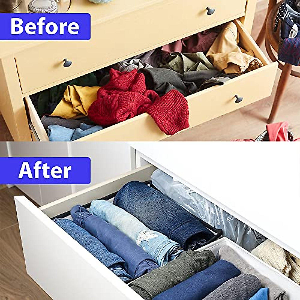 Wardrobe Clothes Organizer for Folded Clothes, Upgrade Closet Organizers With 7 Grids Clothes Folding Storage with Handle Cotton Fabric Closet Storage 2PC (Gray and Beige Cotton Material) (oxford fabric)