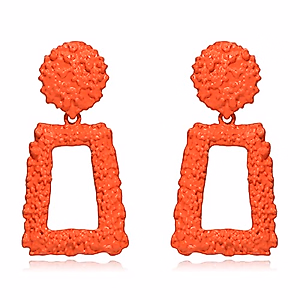 KELMALL Raised Design Drop Dangle Statement Earrings for Women Classic Metallic Geometric Rectangle Earring- Neon Orange