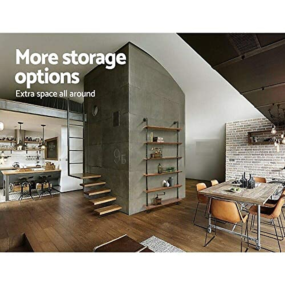 Diwhy Industrial Pipe Shelves Rustic Modern 36" W Wood Ladder Bookcase with Metal Frame,Pipe Wall Shelf,Wood Storage,Home Decor,Display Shelving,Retro Floating Wood Shelving,6 Layer Bookshelf (36" W)