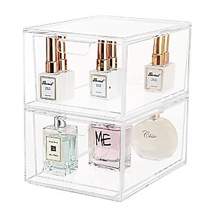 Yieach 2 Pack Stackable Makeup Organizer Storage Drawers 4.5'' Tall Acrylic Cosmetic Display Case Clear Bathroom Plastic Storage Bins For Vanity,Under Cabinets,Pantry Organization and Storage