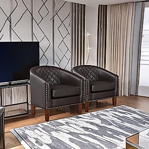 Prilinex Comfy Barrel Accent Chair Set of 2 - Faux Leather Living Room Chair Club Chair with Cushion, Diamond Grid Backrest & Nailhead Trim, Guest Chair for Office, Bedroom & Waiting Room, Brown