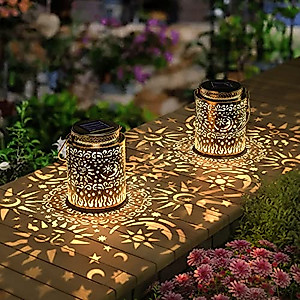 Gardencave 2 Pack Solar Lanterns Outdoor Hanging Solar Lights Decorative Waterproof Metal Sun Moon Star Solar Lantern for Patio Porch Yard Backyard Table Garden Decor (Gold, 2 Pack)