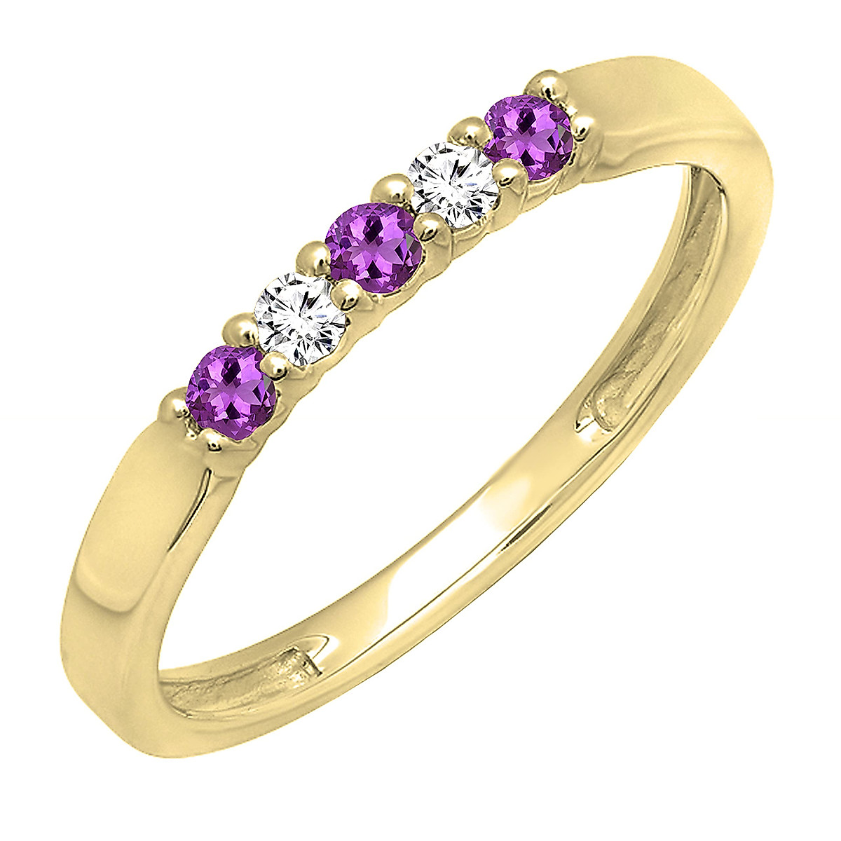 Dazzlingrock Collection Alternate Round Amethyst with White Diamond 5 Stone Wedding Band for Women in 14K Yellow Gold, Size 8
