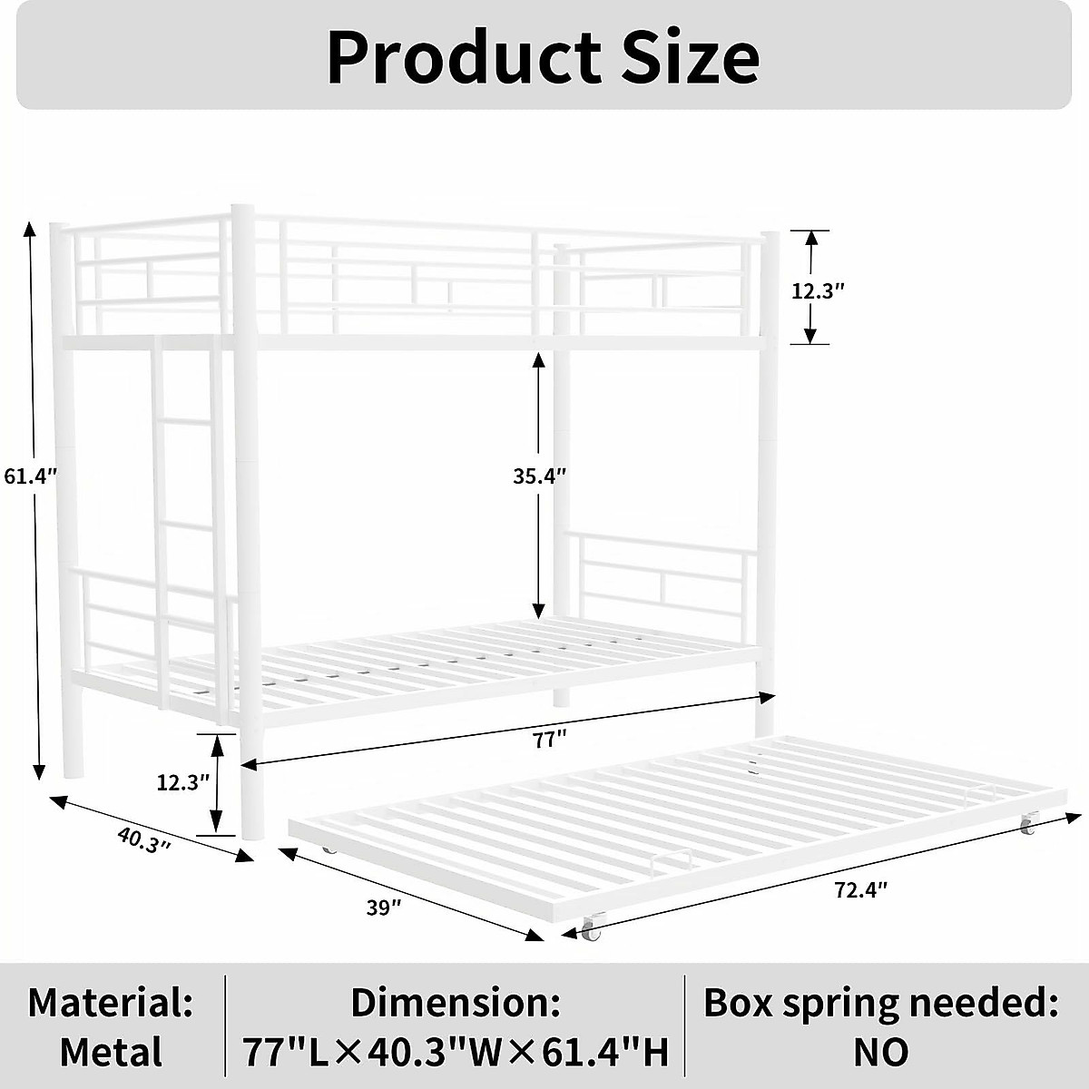 XMRCLP Heavy-Duty Metal Twin Over Bunk Bed with Trundle, Noise Reduced, Safety Guardrail for Bedroom or Guest Room, Kids, 77.00" L, 40.30" W, 61.40" H (White)