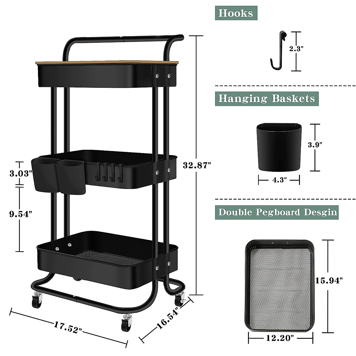 LING RONG 3-Tier Utility Rolling Metal Storage Cart,Heavy Duty Multifunction Cart with Lockable Wheels,Cover,4 Hooks 2 Storage Boxes for Kitchen Living Room Office Bathroom (U-Shaped Armrest, Black)