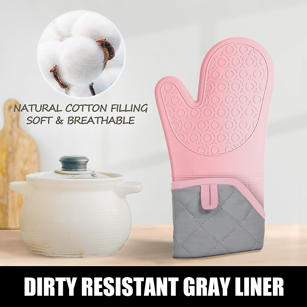 Rorecay Extra Long Oven Mitts and Pot Holders Sets: Heat Resistant Silicone Oven Mittens with Mini Oven Gloves and Hot Pads Potholders for Kitchen Baking Cooking, Quilted Liner, Pack of 6 (Pink)