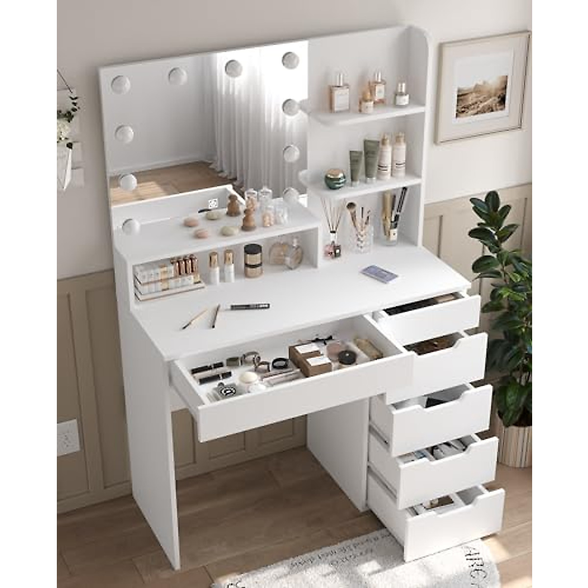 Diwnnue Vanity Desk with LED Lighted Mirror, Makeup Vanity Table Set with 6 Drawers, 3 Color Lighting Modes Brightness Adjustable, Hidden Wiring, Dressing Table for Bedroom, White
