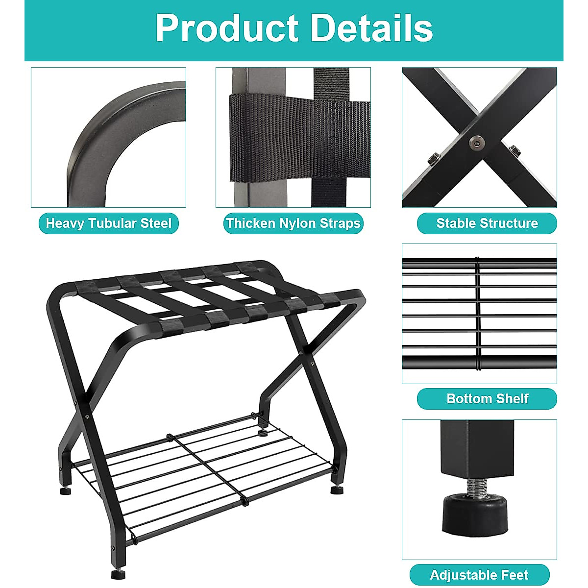 Whoonba Folding Luggage Rack with 2-tiers Storage Shelf, Foldable Steel Frame Luggage Organizers for Suitcase, Metal Luggage Holder for Guest room, Bedroom, Hotel, Closet, Black, 1pack