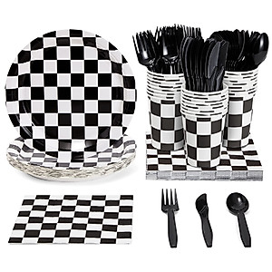 Juvale 144 Piece Race Car Birthday Party Supplies with Checkered Flag Plates, Napkins, Cups, and Cutlery (Serves 24)