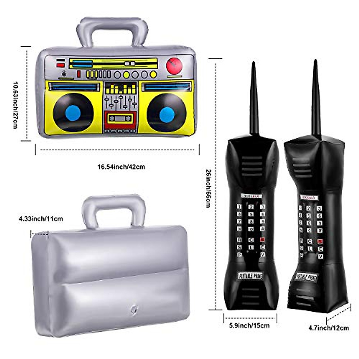 6 Pcs 80s 90s Hip Hop Costume Outfit Kit Inflatable Radio Boombox Necklace Ring Sunglasses Hat Rapper Accessories
