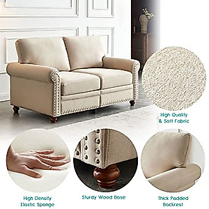 CALABASH Loveseat Sofa, Modern Upholstered Love Seat 2 Seater Small Couch with Classic Nails & Seat Cushion Backrest Removable for Living Room, Bedroom, Apartment, Small Space(Beige Fabric)