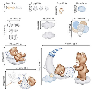wondever Sleeping Baby Bear Wall Stickers Dream Big Clouds Ballons Peel and Stick Wall Art Decals for Kids Bedroom Baby Nursery