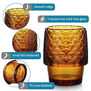 MDLUU Fish Design Tumbler Glasses, Stackable Drinking Glasses, Colored Glass Beverage Cups, Nautical Glassware for Gift, Set of 4 (Amber)