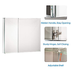 Movo Double Doors Medicine Cabinet with Mirror, 30 inch X 26 inch Aluminum Bathroom Medicine Cabinet, Adjustable Glass Shelves, Waterproof and Rust-Resist, Recess or Surface Mount Installation