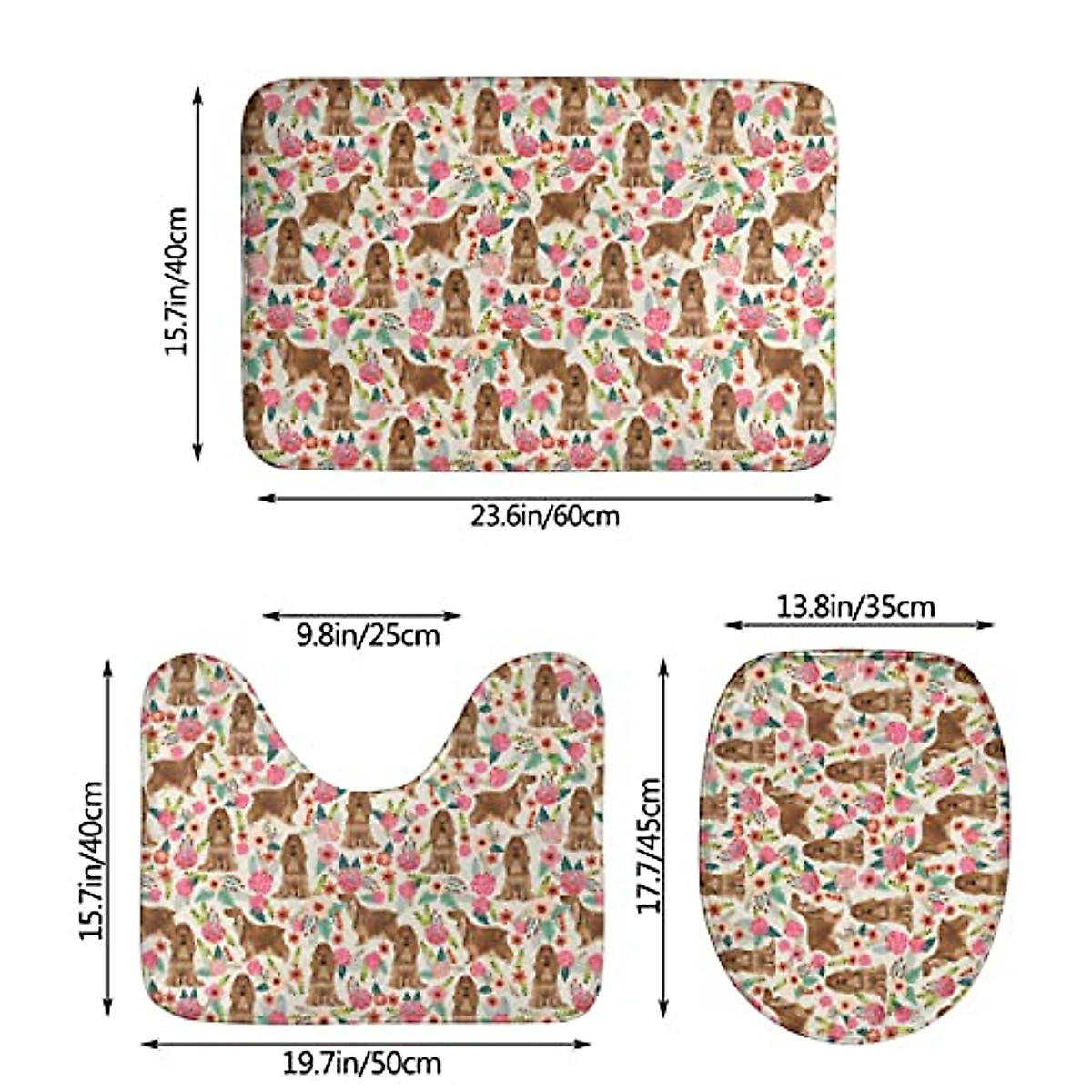 Cute Cocker Spaniel Dog Flower Floral 3D Print Bath Mat for Bathroom Rugs Sets 3 Piece，U-Shaped Contour Shower Mat Non Slip Absorbent ,Flannel Fabric Toilet Lid Cover Washable ,Doormat Antiskid Pad