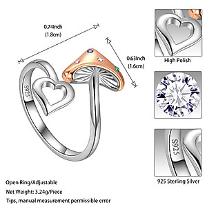 Cute Red Mushroom Ring Women Love Hearts Adjustable Open Ring Rose Gold Over 925 Sterling Silver Two Tones Colorful Crystal Mushroom Stackable Ring Mushroom Gift for Birthday Friendship FR0062W