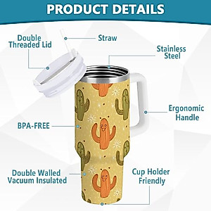 ODAWA Large Travel Insulated Tumblers with Handle and Straw, Mexican Cactus Double Wall Insulated Tumbler