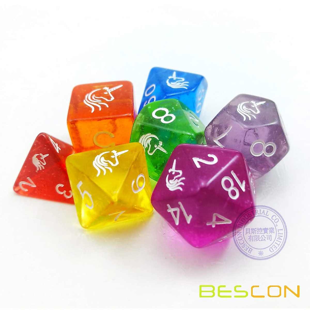Bescon Colorful Unicorns Rainbow Sparkled Polyhedral D&D Dice Set of 7 RPG Role Playing Game Dice 7pcs Set