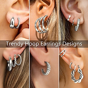 Adoyi Silver Hoop Earrings Set for Women Girls Gold Twisted Huggie Hoops Earrings 14K White Gold Plated Earrings for Women Lightweight 9 Pairs jewelry for women Girl Gift