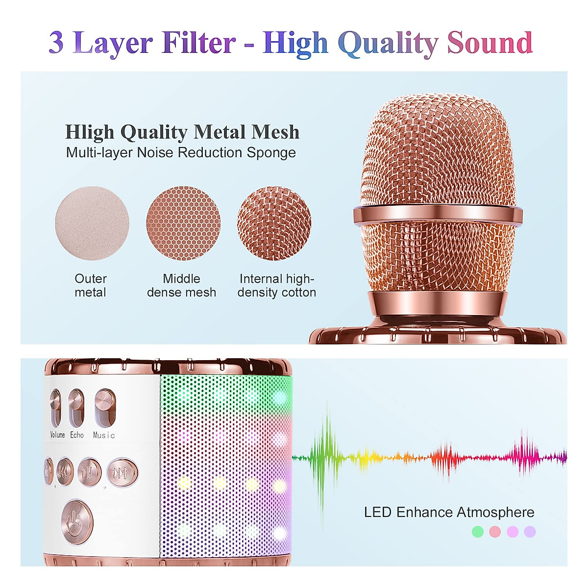 Microphone for Kids, Kussla Wireless Bluetooth Microphone with LED Lights Karaoke Machine for Kids, Girls Boys Toy and Gift for 2, 3, 4, 5, 6+ Years Old