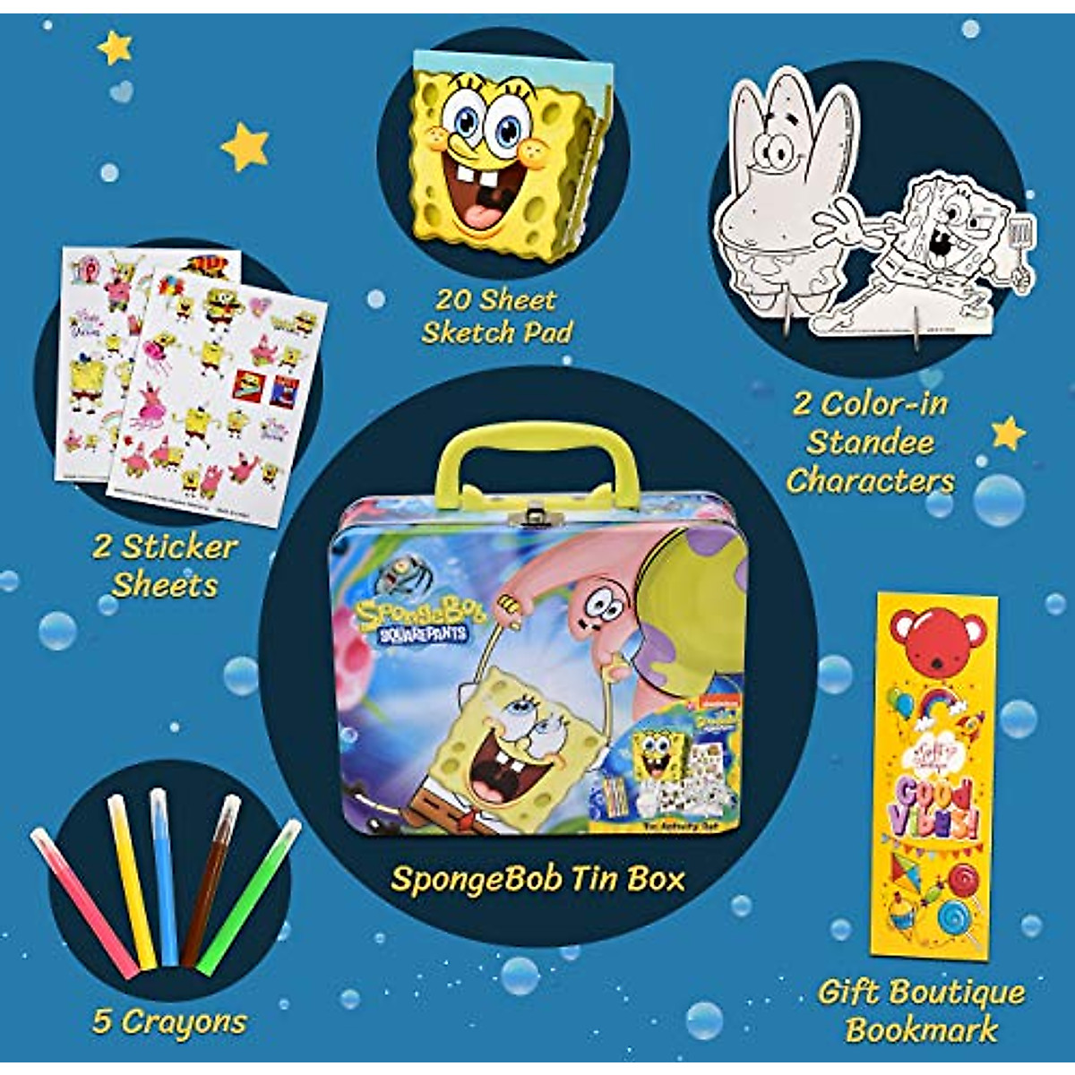Gift Boutique SpongeBob Squarepants Coloring and Activity Tin Box, Crayons Stickers Mess Free Craft Kit for Toddlers Boys Girls Kids, Bookmark Included
