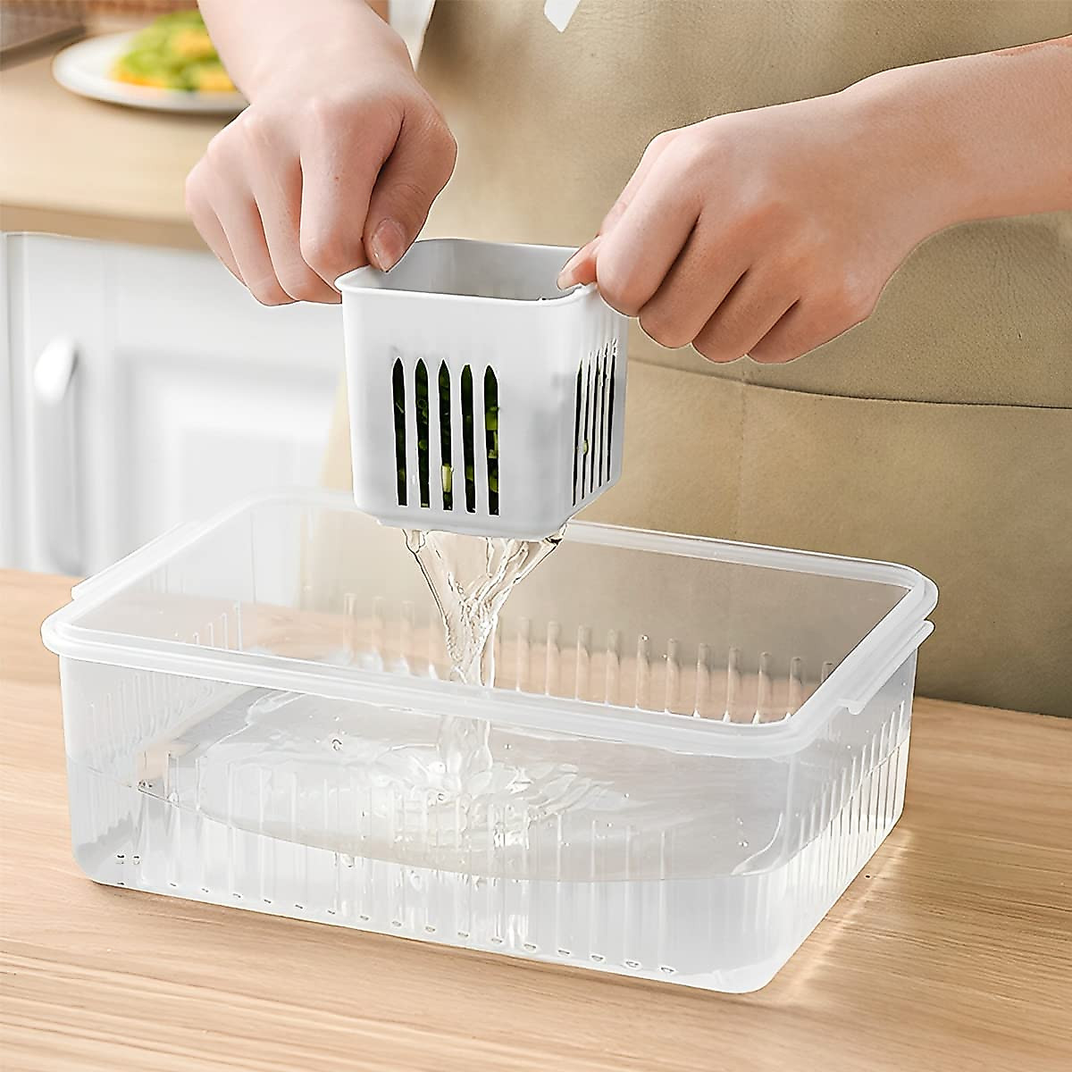 Food Storage Containers with Lids Airtight, Scallion Preservation Box Fridge Fresh-Keeping Container, 6 Grids Draining Crisper Portable Divided Fruit Storage Container Ginger Storage Basket for