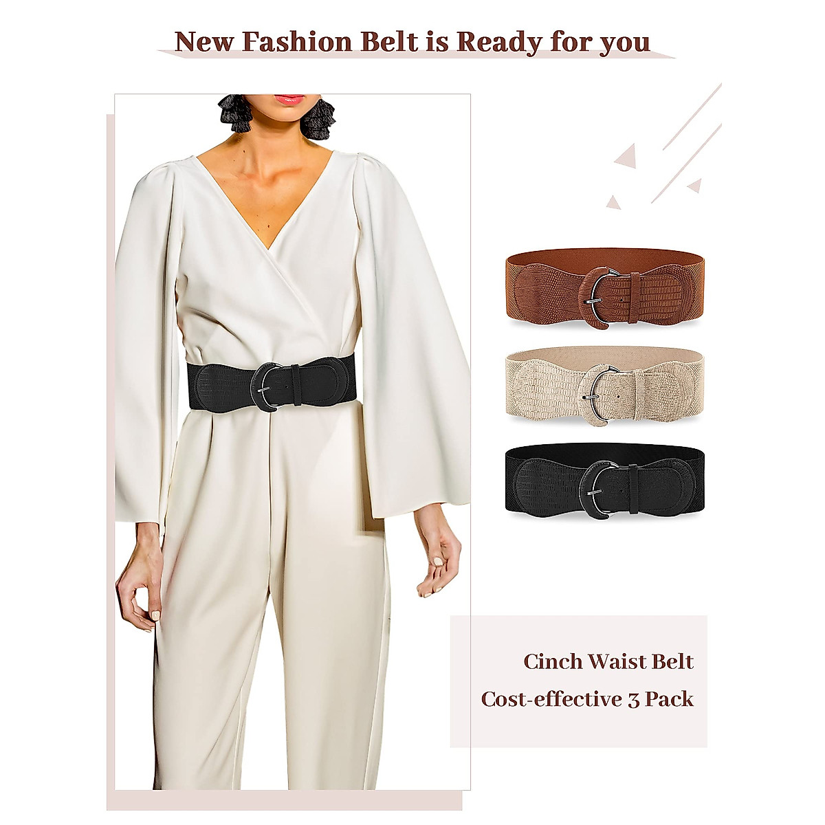 SATINIOR 3 Pieces Women Wide Elastic Belt for Dress Women Stretchy Cinch Leather Belt for Ladies Dress Decoration(L,Black, Brown, Beige)