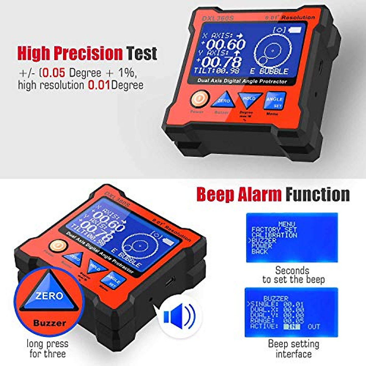 Digital Protractor DXL360S GYRO + Gravity 2 in 1 Digital LCD Protractor Inclinometer Dual Axis Level Box 0.01°Resolution