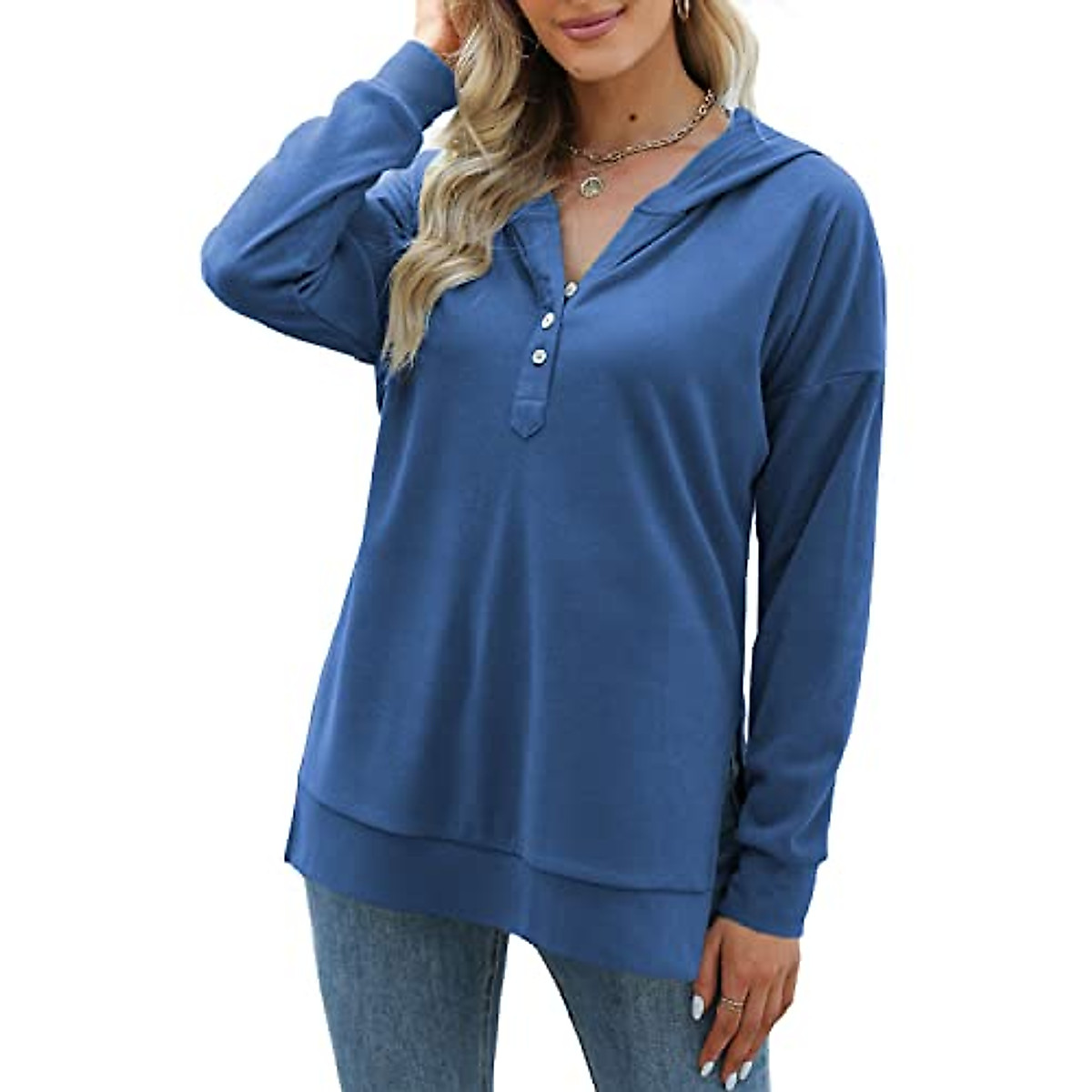 Auremore Womens Hoodies V Neck Long Sleeve Tops Fall Shirts Button Up Fashion Sweaters Blue L