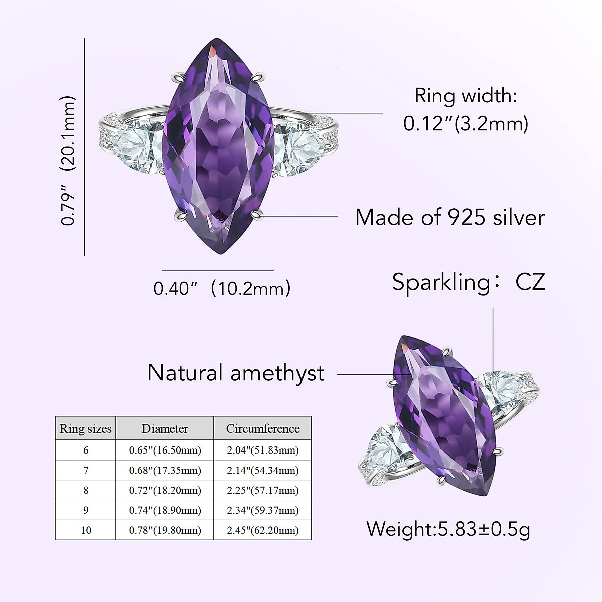 Jupiter Natural Gemstone Marquise Ring - 925 Sterling Silver Rhodium Plated Genuine Gemstone Women Ring, Glamour Natural Gemstone Birthstone Rings Jewelry Gifts for Valentine's Day, Mother's Day,