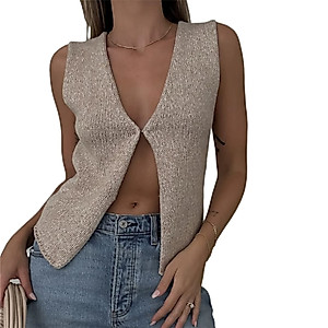 Women Crochet Knit Vest Solid Hollow Out Button Down V Neck Sleeveless Crop Tops Vintage Casual Versatile Streetwear